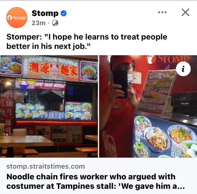 Noodle chain fires worker who argued with costumer at Tampines stall ...
