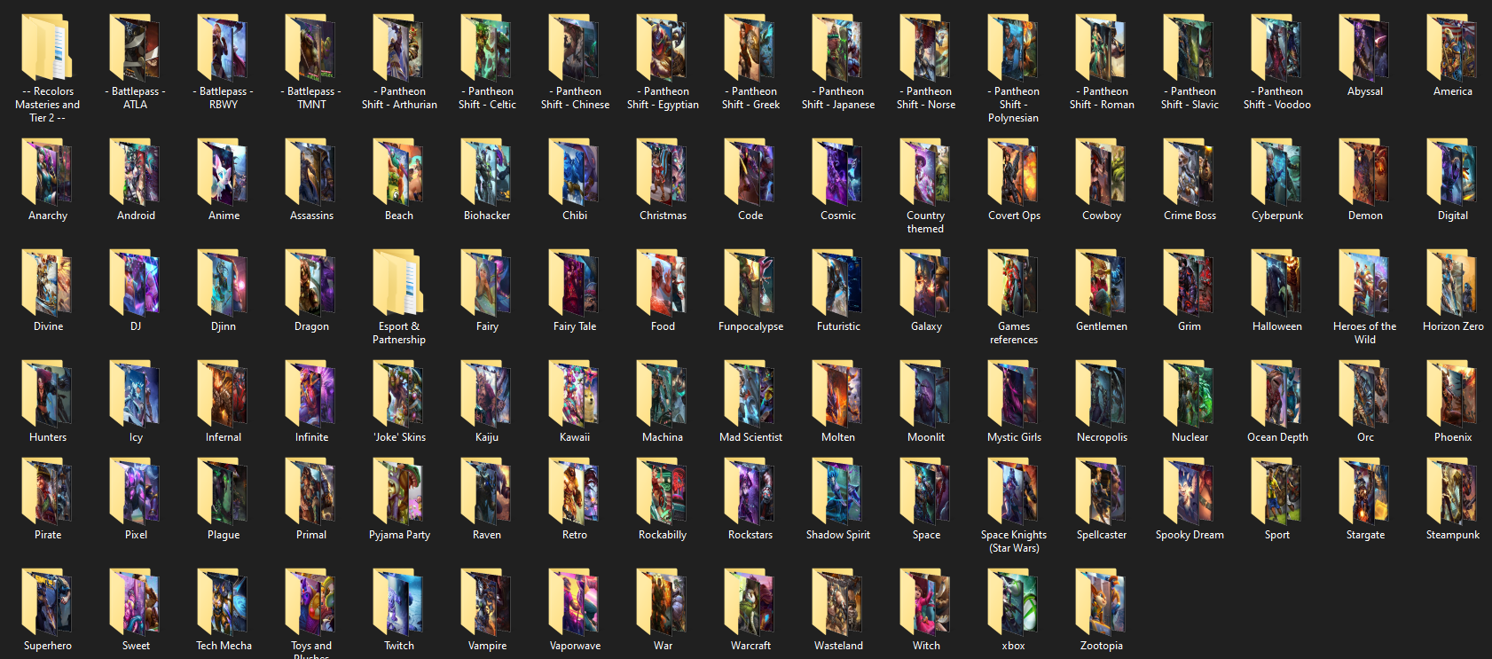 I've downloaded every god skins of the game and sorted them by themes ...