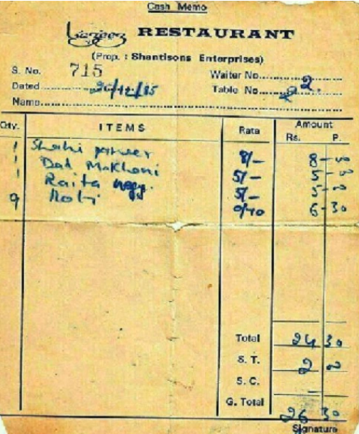 Shahi Paneer at Rs 8, Dal Makhani at Rs 5: Restaurant bill from 1985 ...