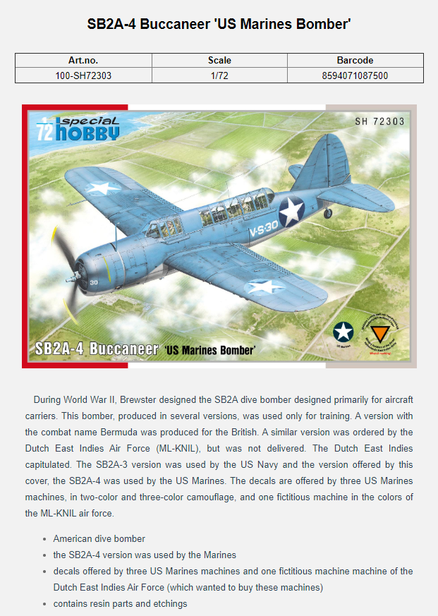 1/72 - Brewster SB2A-4 Buccaneer (new variant) by Special Hobby ...