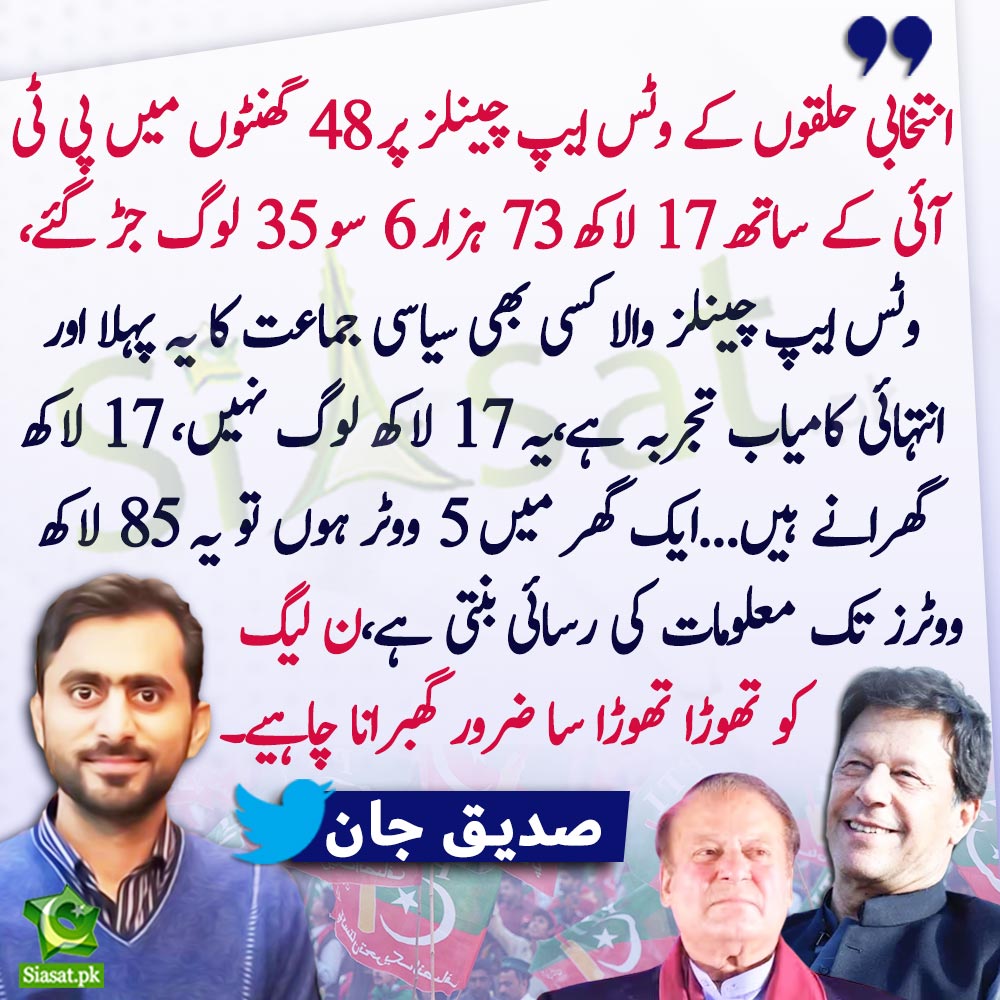 وٹس ایپ چینلز پر پی ٹی آئی کے ساتھ لاکھوں لوگ،ن لیگ کےلیےیشانی!صدیق جان ...