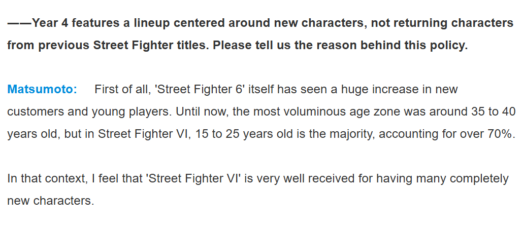 "In Street Fighter VI, 15 to 25 years old is the majority, accounting ...