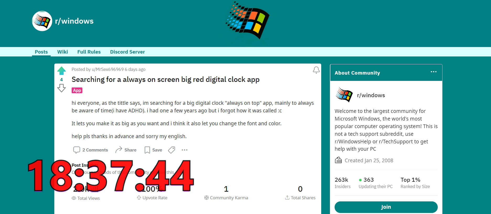 Searching for a always on screen big red digital clock app : r/windows