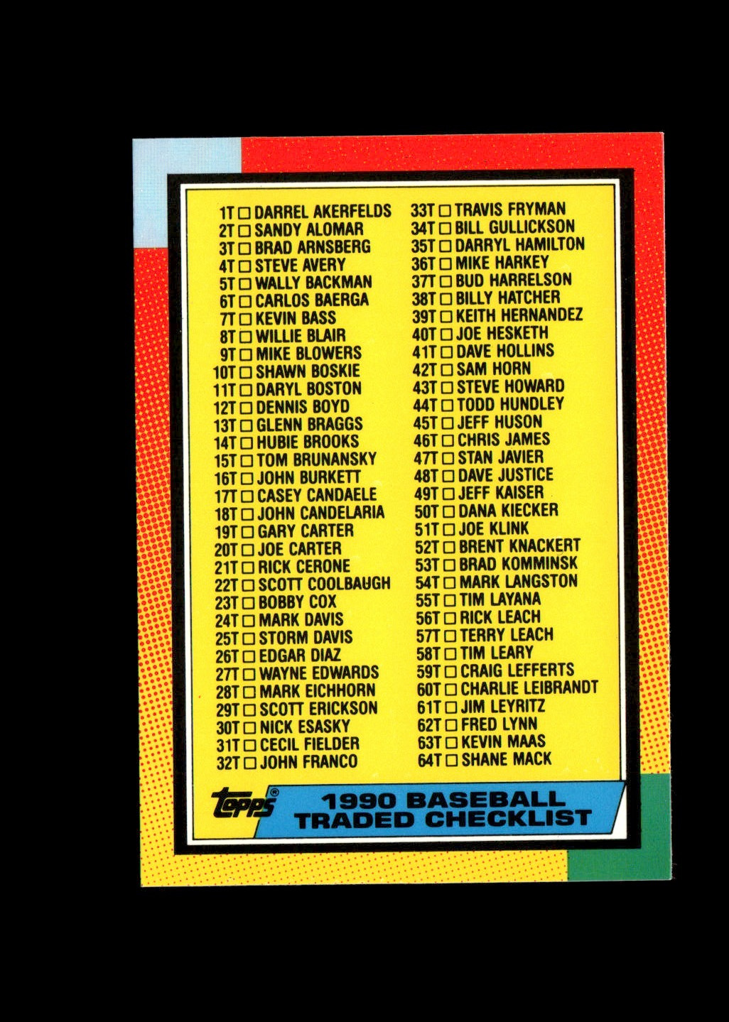 Checklist: 1T-132T CL - 1990 Topps Traded Baseball Card #132T - + Free ...