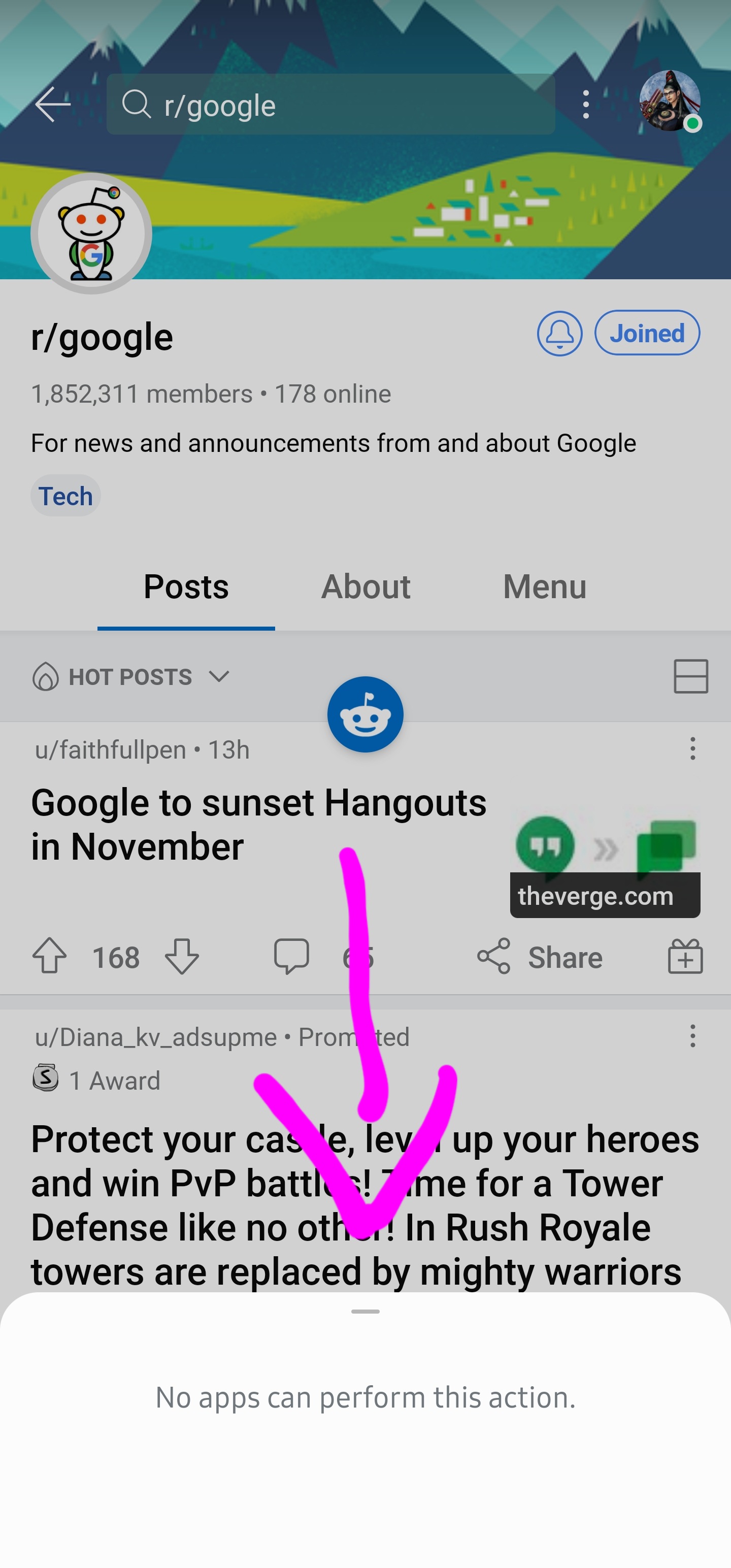 Google " Reddit predictions " says " No apps can perform this action ...
