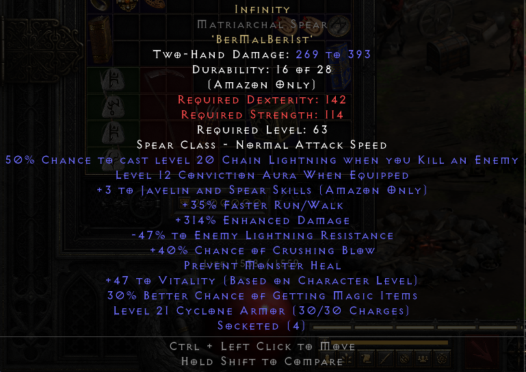 Infinity Matriarchal Spear 314ed -47 For Spear Ama - Topic - d2jsp