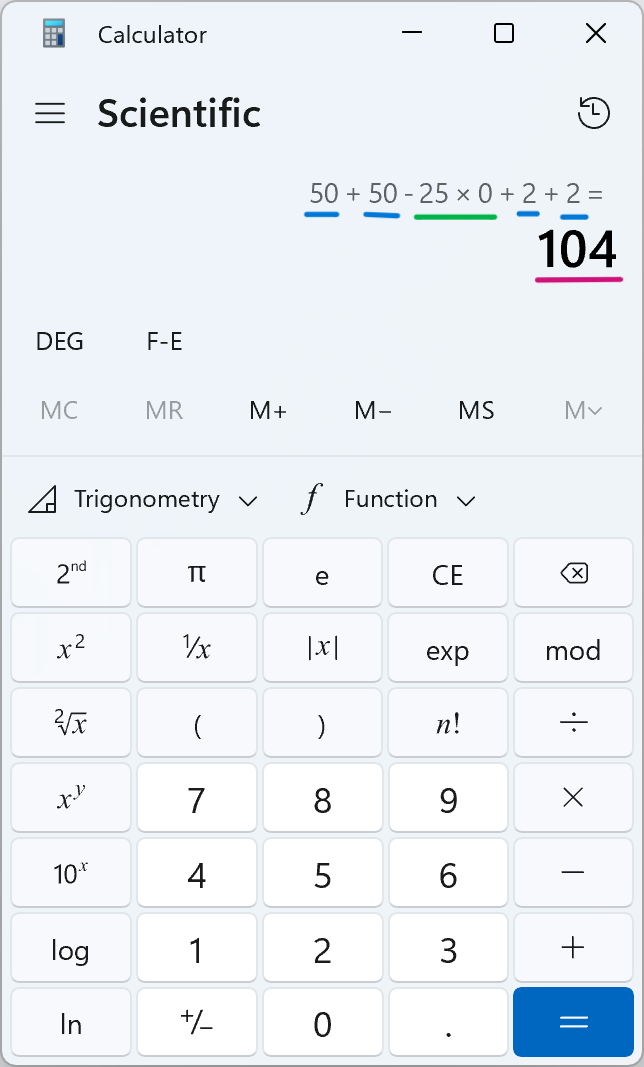 50 + 50 - 25 × 0 + 2 + 2 hosted at ImgBB — ImgBB
