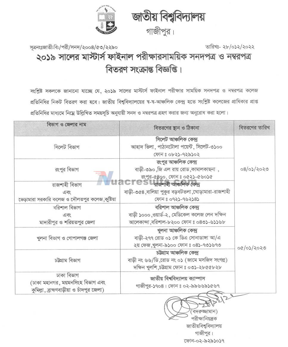 National University Certificate Distribution Notice 2023 - www.nu.ac.bd