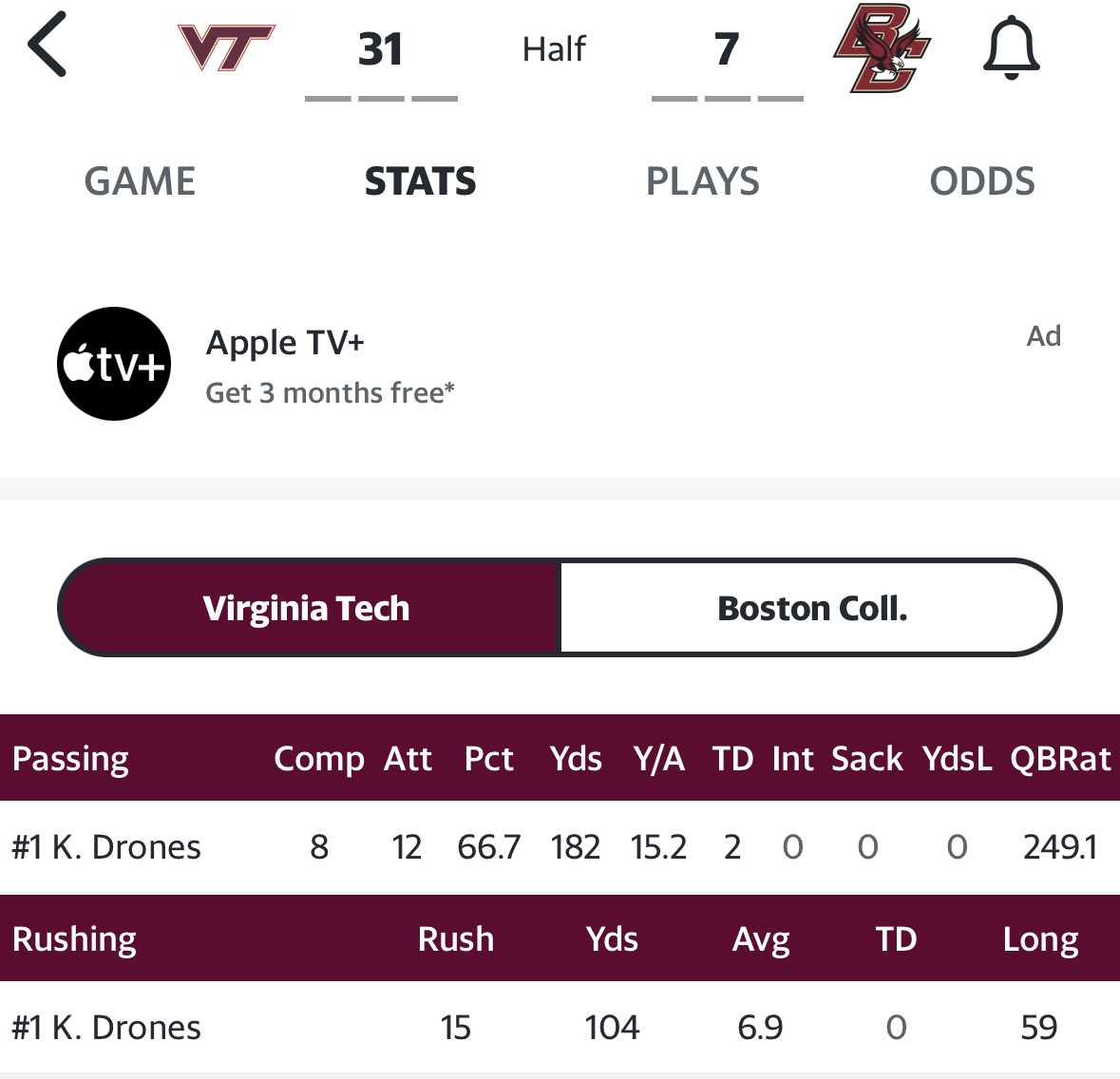 Kyron Jones with combined 286 yards and 2 TDs at half vs BC | SicEm365