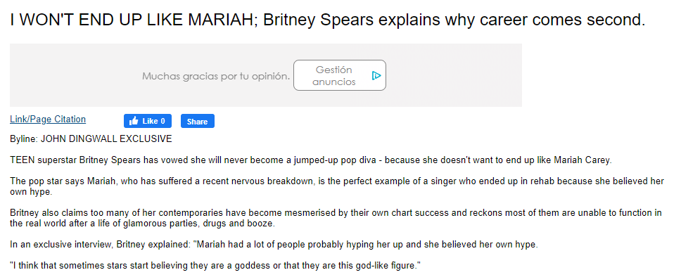 TB Britney Spears criticised Mariah and Whitney after suffering ...