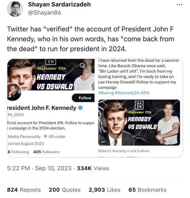 Twitter has "verified" the account of President John F Kennedy ...