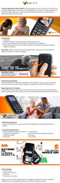 Telefon mobil pentru seniori, cu meniul in limba Romana, Stand pentru ...